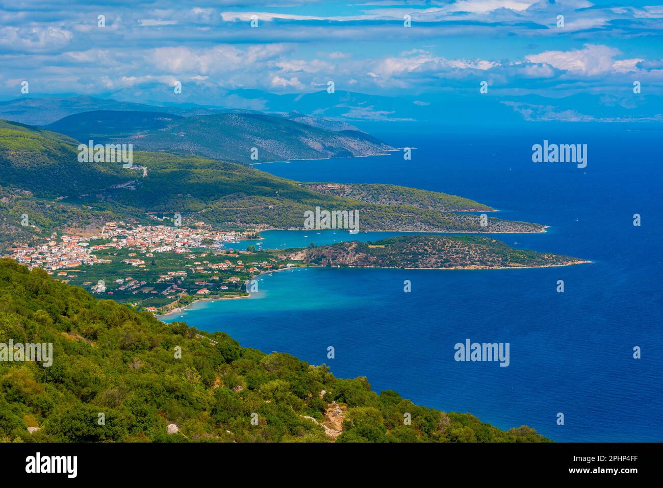 Panorama view of Palaia Epidavros and surrounding coastline in Greece ...