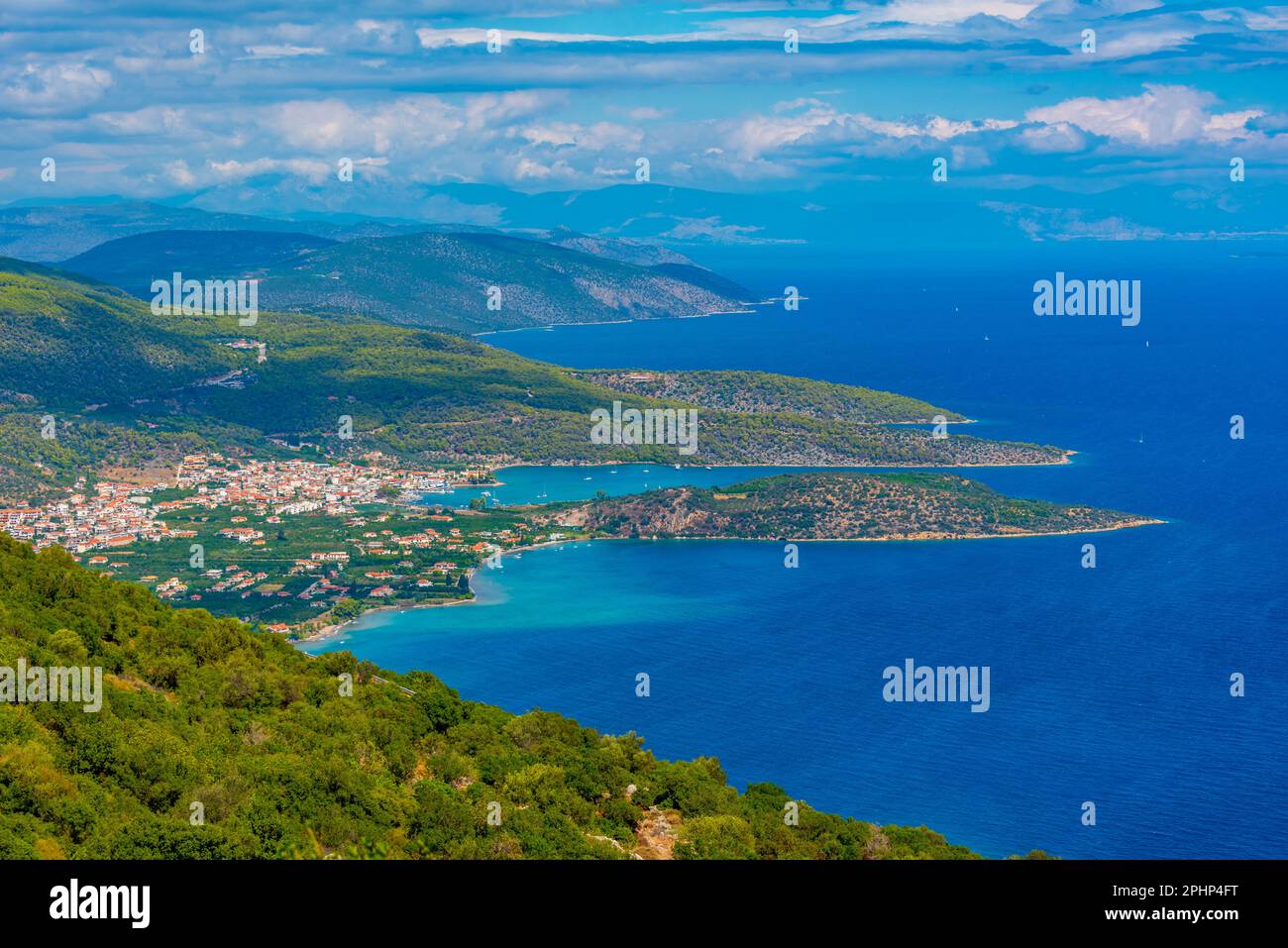 Panorama view of Palaia Epidavros and surrounding coastline in Greece ...