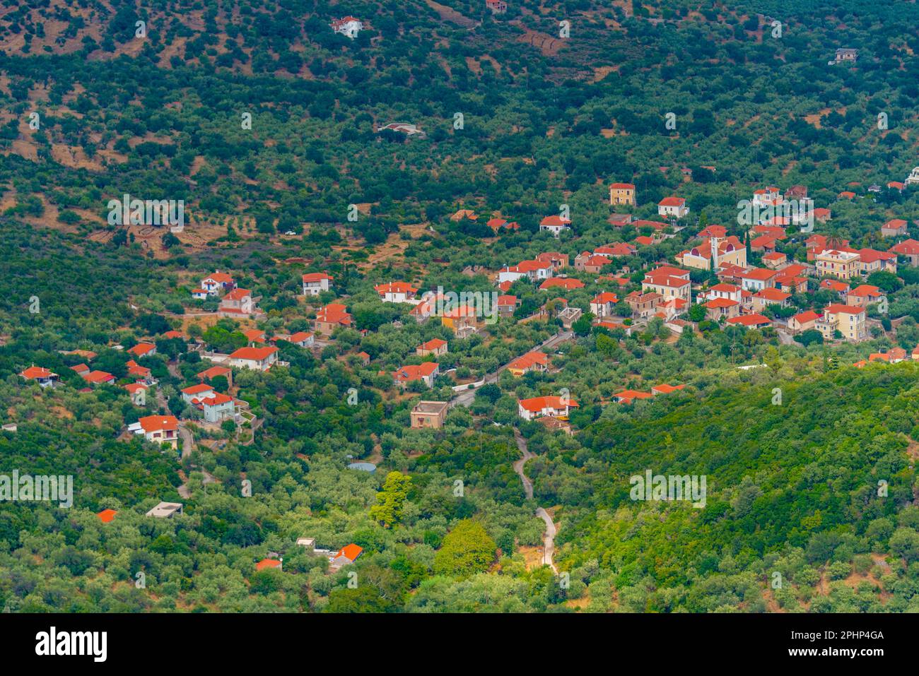 Panorama view of Poulithra village at Peloponnese island in Greece ...