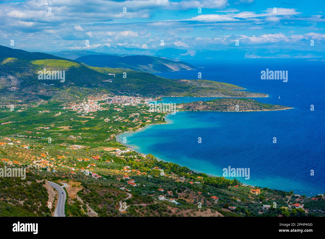 Panorama view of Palaia Epidavros and surrounding coastline in Greece ...