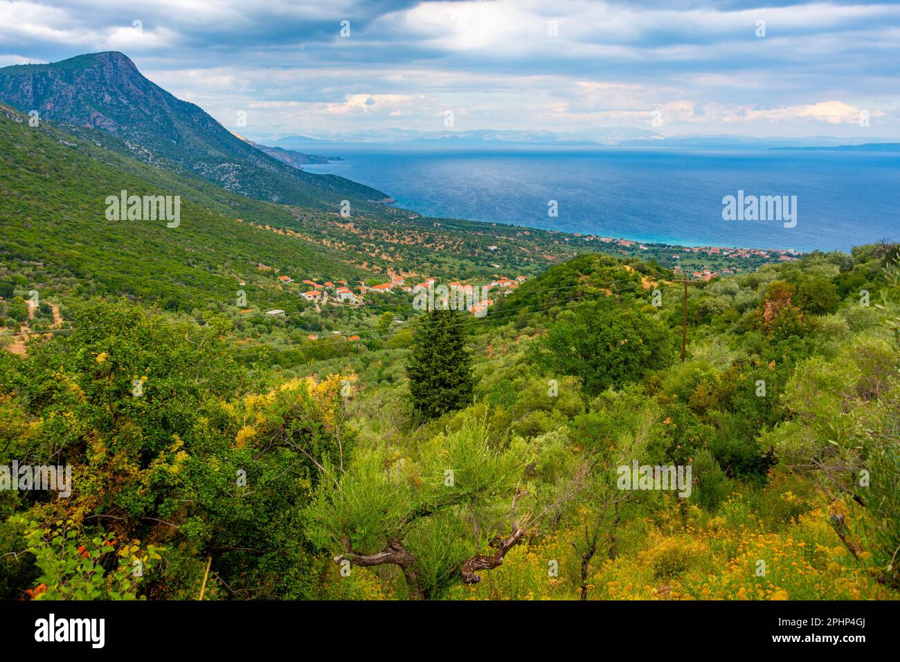 Panorama view of Poulithra village at Peloponnese island in Greece ...