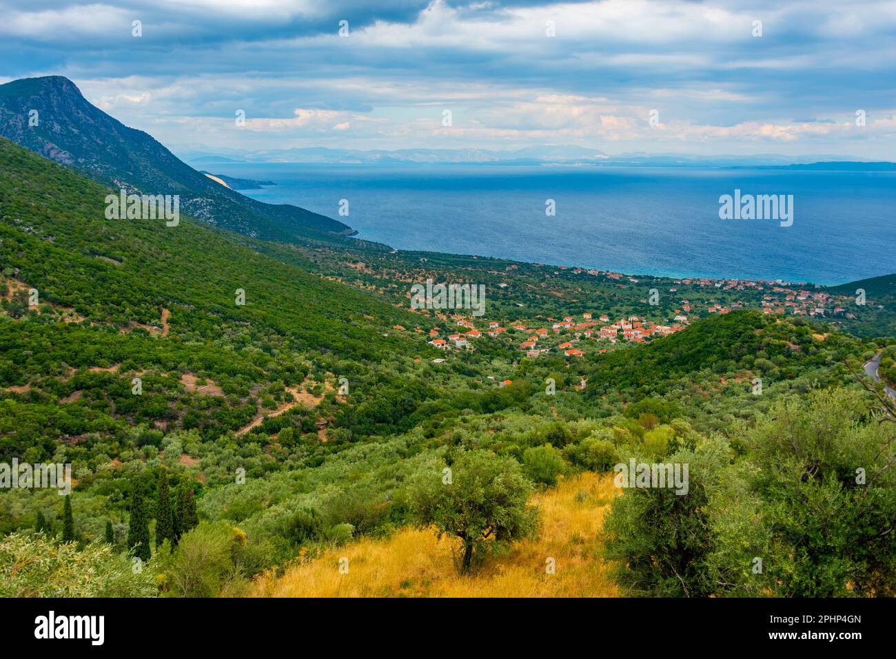 Panorama view of Poulithra village at Peloponnese island in Greece ...