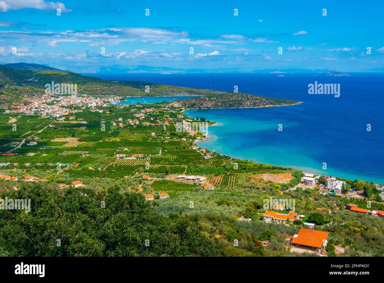Panorama view of Palaia Epidavros and surrounding coastline in Greece ...