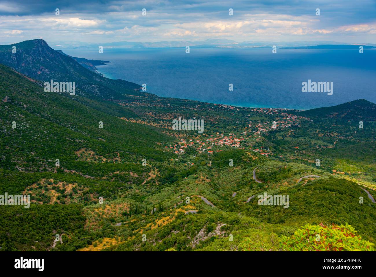 Panorama view of Poulithra village at Peloponnese island in Greece ...