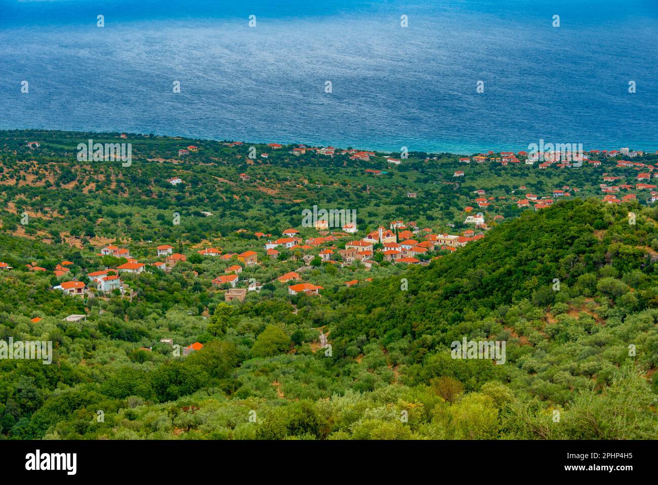 Panorama view of Poulithra village at Peloponnese island in Greece ...