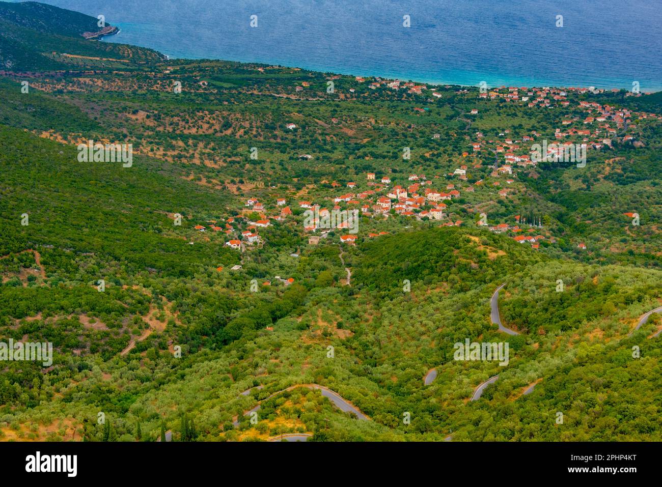Panorama view of Poulithra village at Peloponnese island in Greece ...