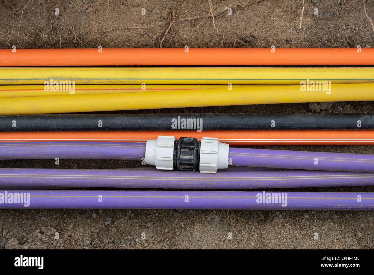 underground electric cable infrastructure installation. Construction ...