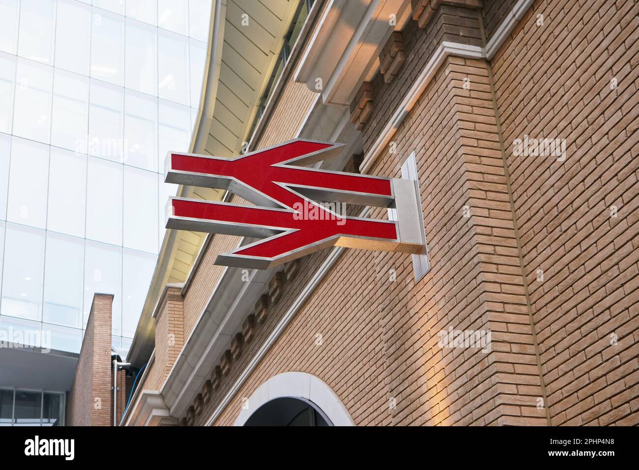 London, United Kingdom - February 01, 2019: Red British railway logo on ...
