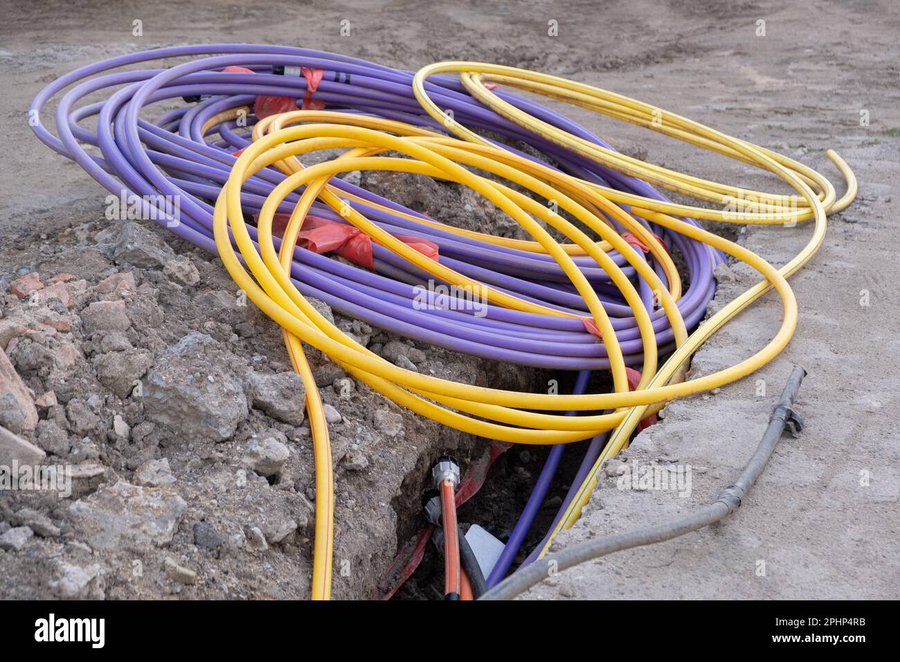 underground electric cable infrastructure installation. Construction ...