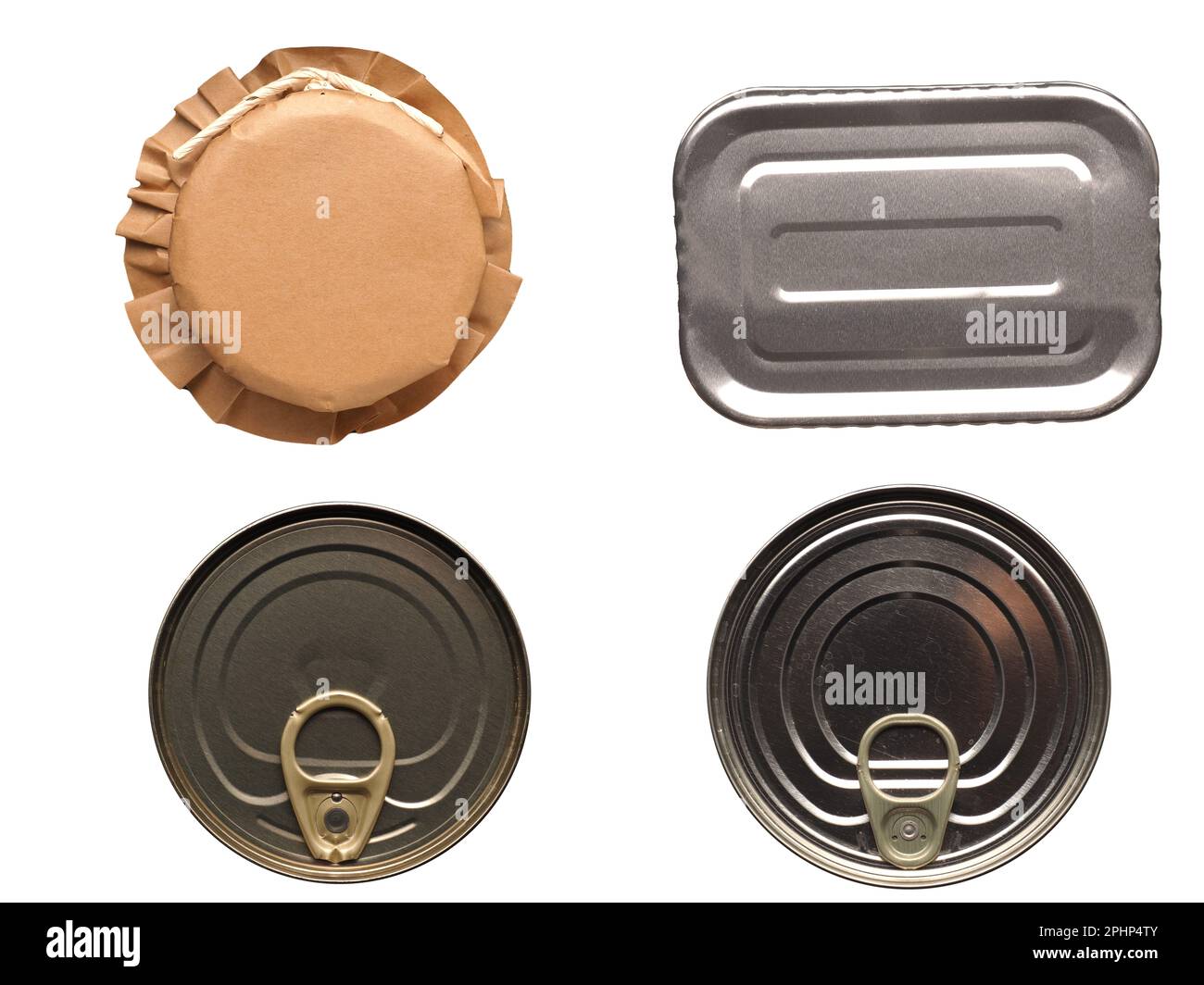 Different tin cans from above as label or storage concept on a white ...