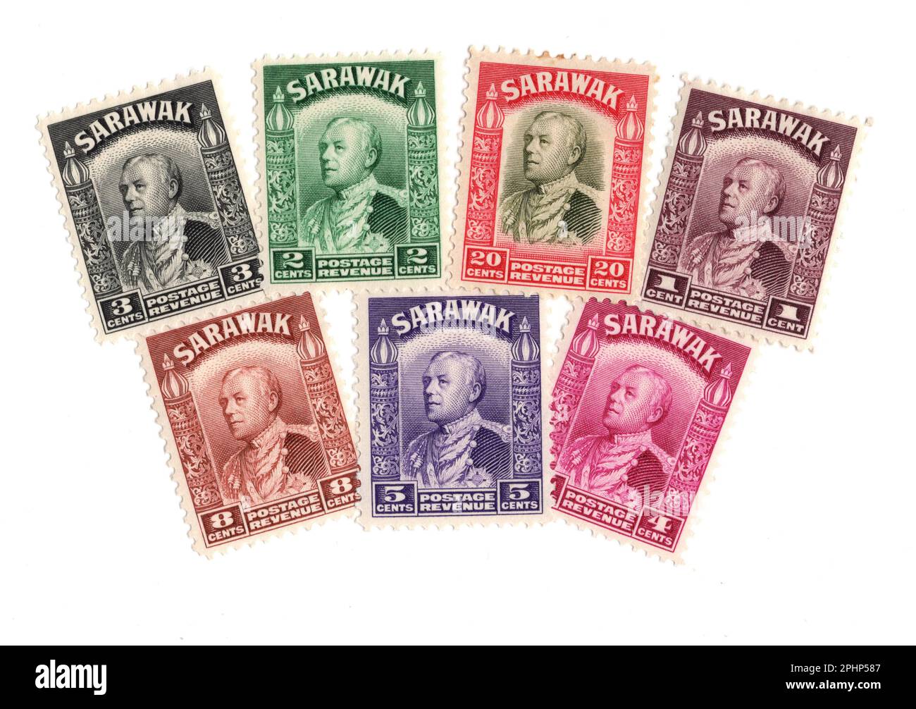 Vintage mint postage stamps from Sarawak isolated on a white background ...