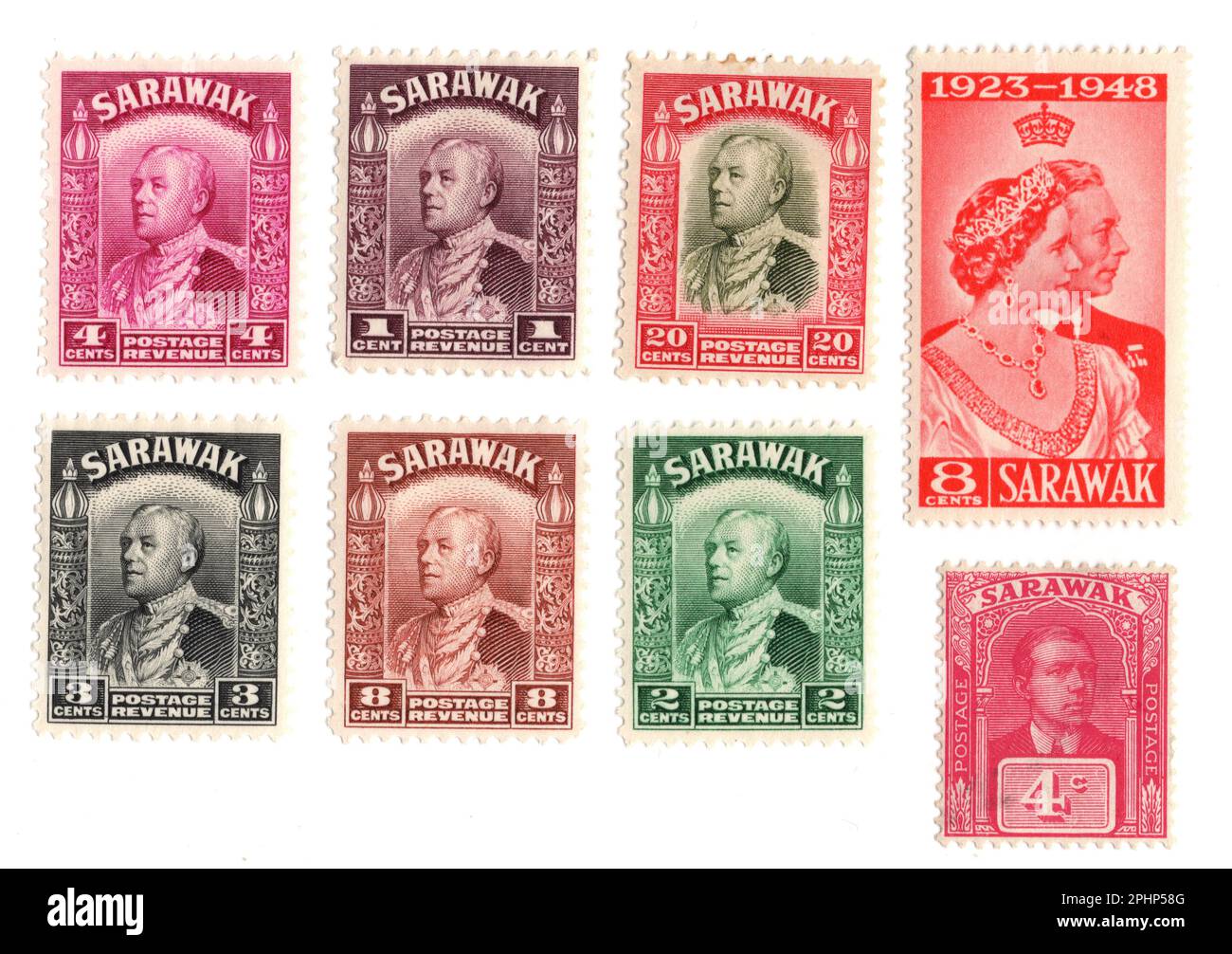 Vintage mint postage stamps from Sarawak isolated on a white background ...