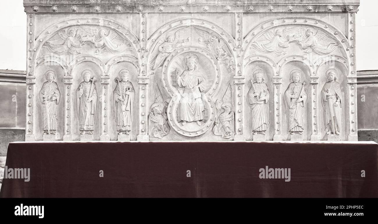 Carved stone panel behind the altar in the anglo-saxon christian church ...
