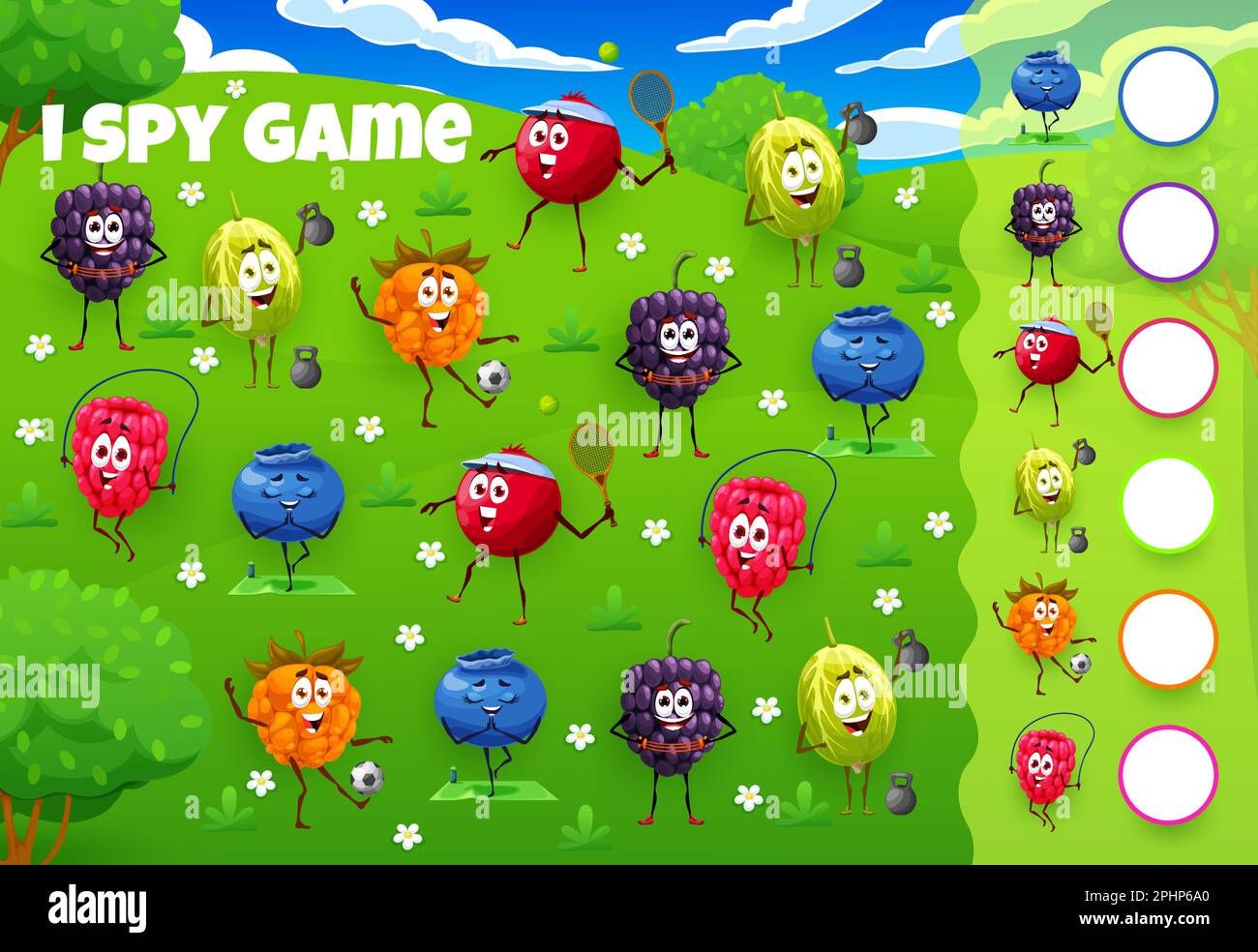 I spy game worksheet. Cartoon cheerful berry characters on summer ...