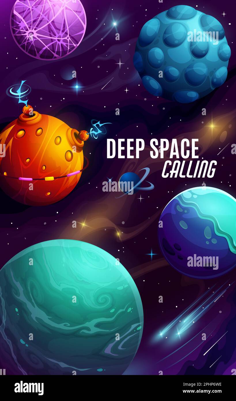 Cartoon galaxy space planets poster. Vector background with deep space ...