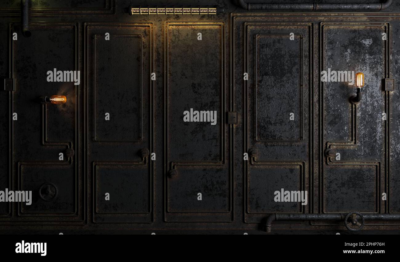 3d illustration. Wall made of loft steampunk panels. Industrial ...