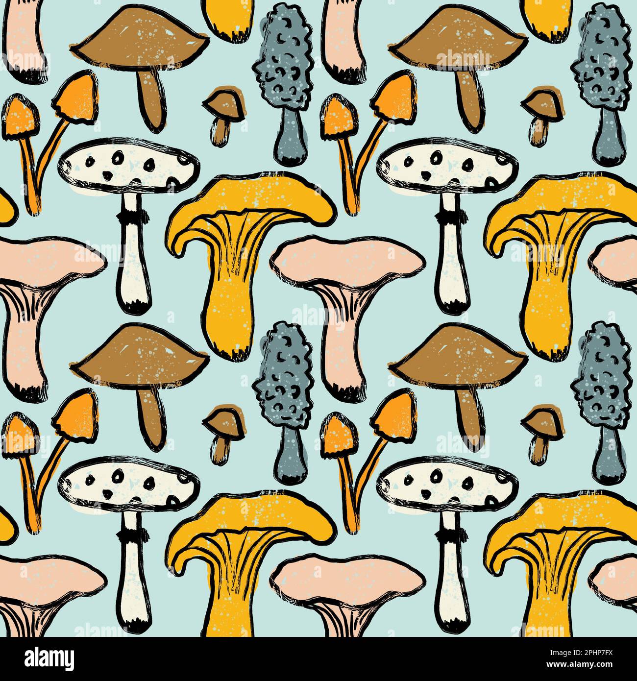 Hand drawn seamless pattern with beige yellow blue forest wood mushrooms. Woodland minimalist ...