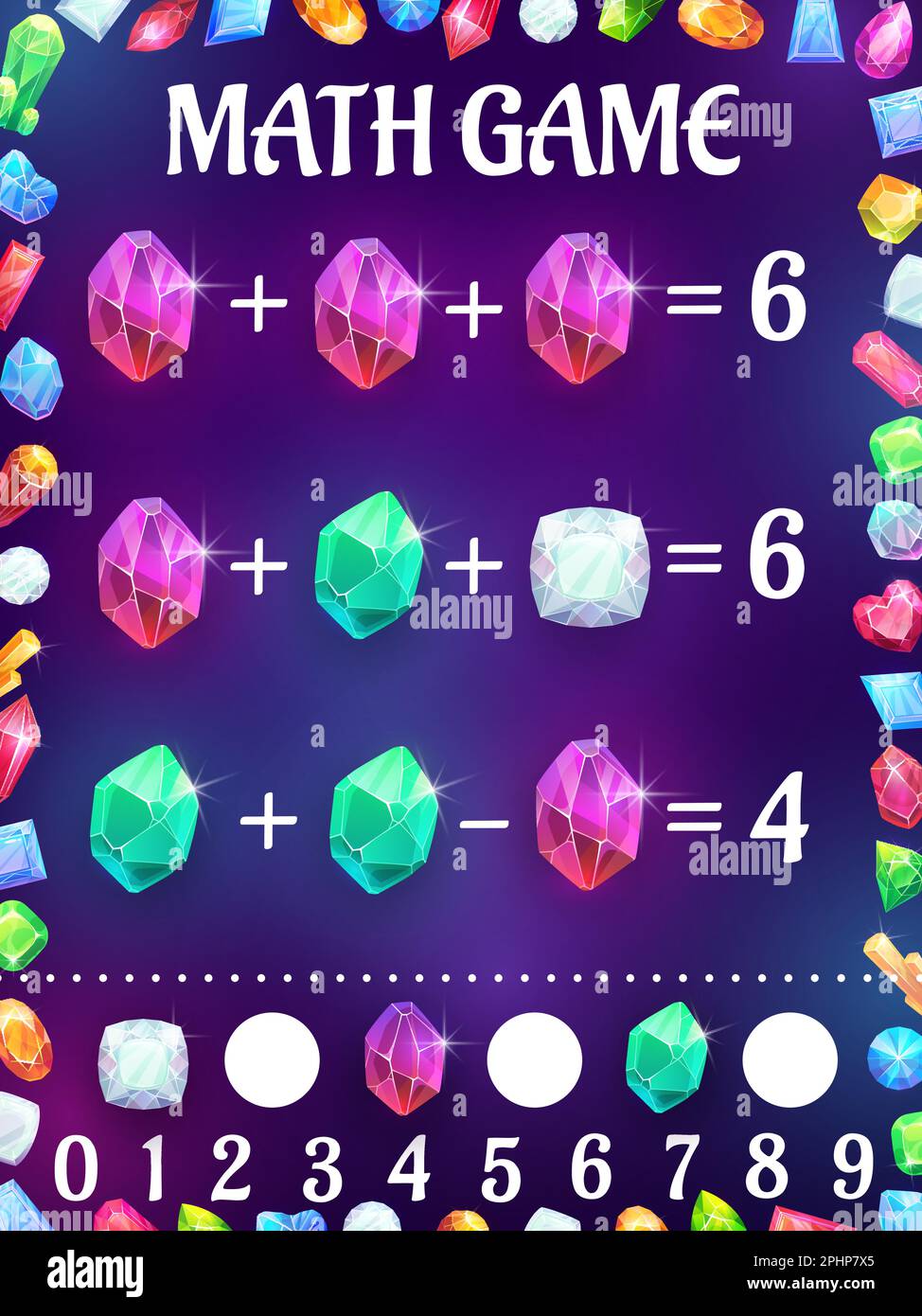 Math game worksheet with cartoon gems and crystals, vector quiz for ...