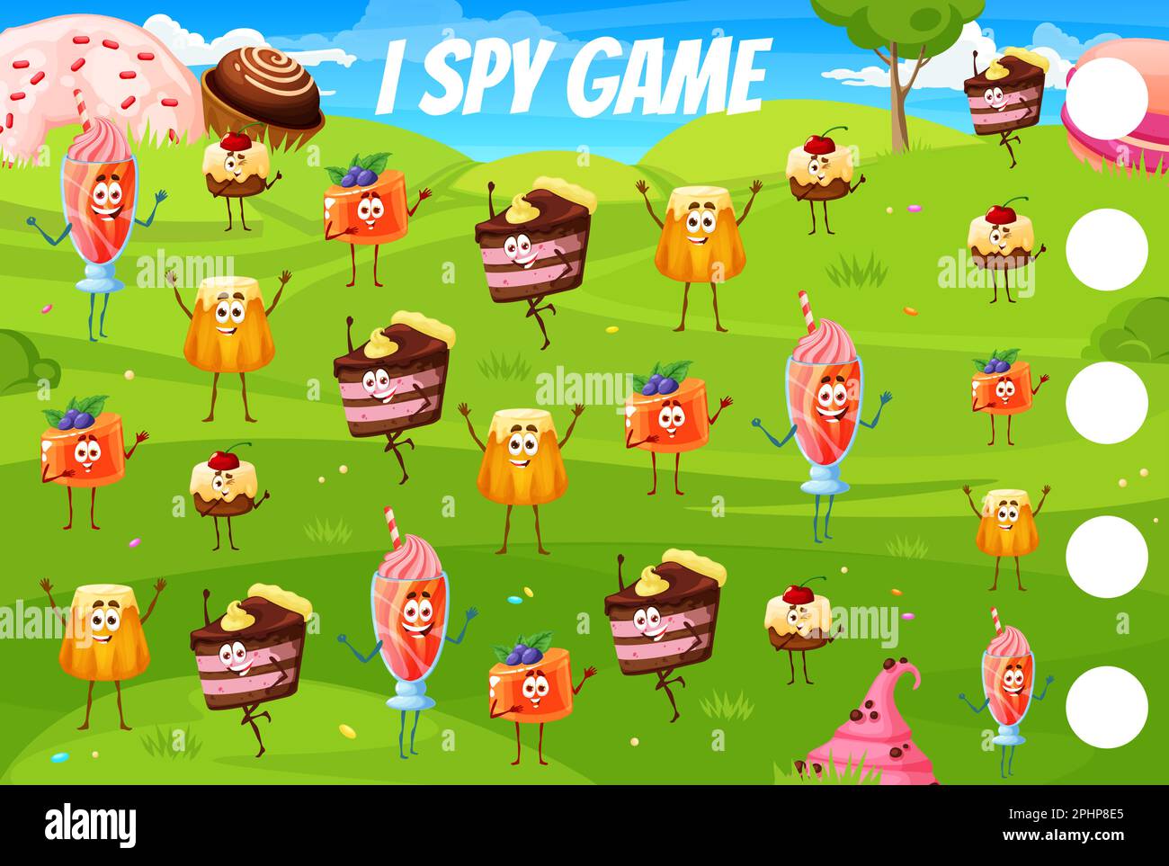 I spy game worksheet cartoon candy, pastry and cake characters. Kids ...