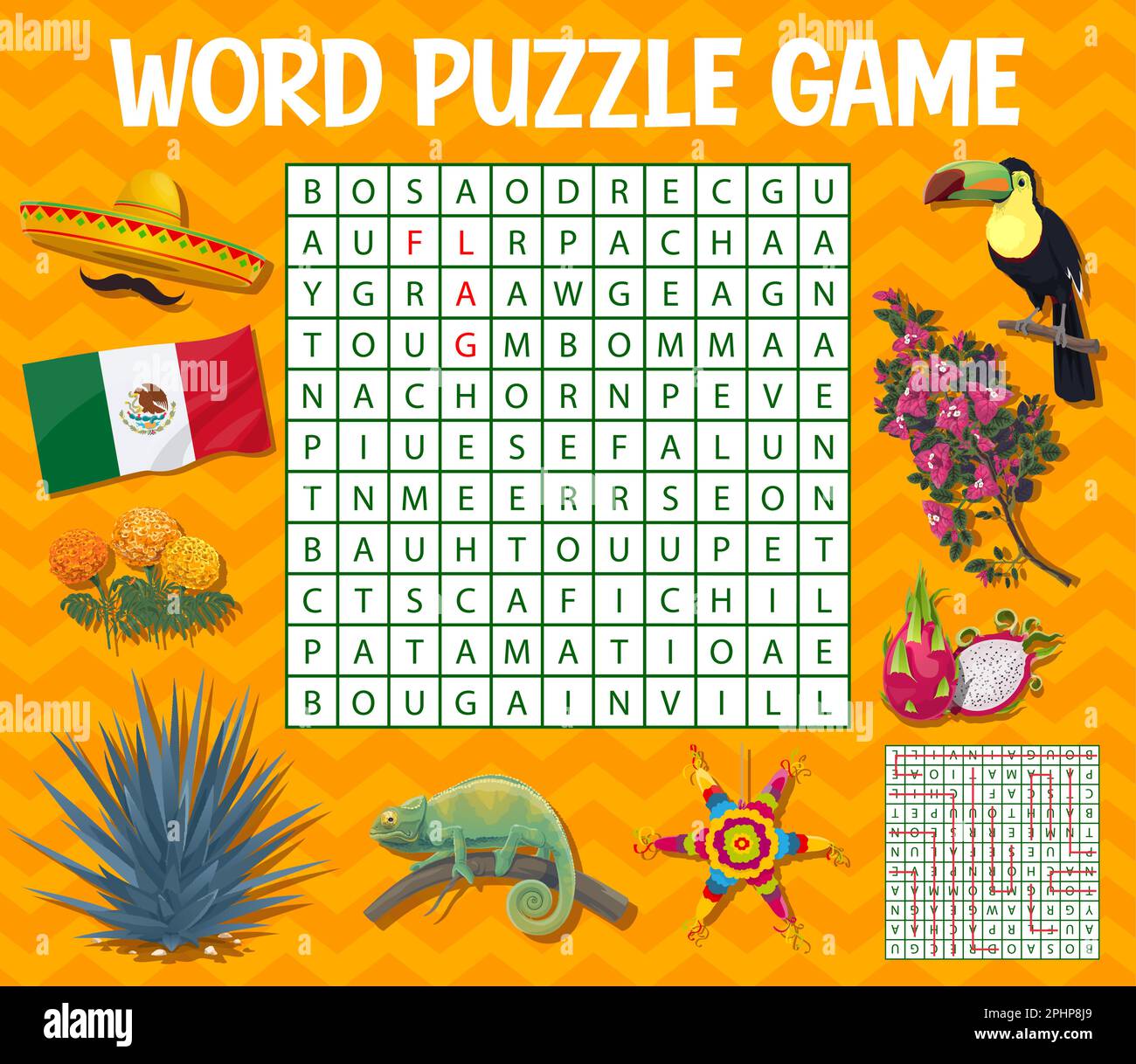 Mexican food, animals and symbols, word search puzzle game, vector ...