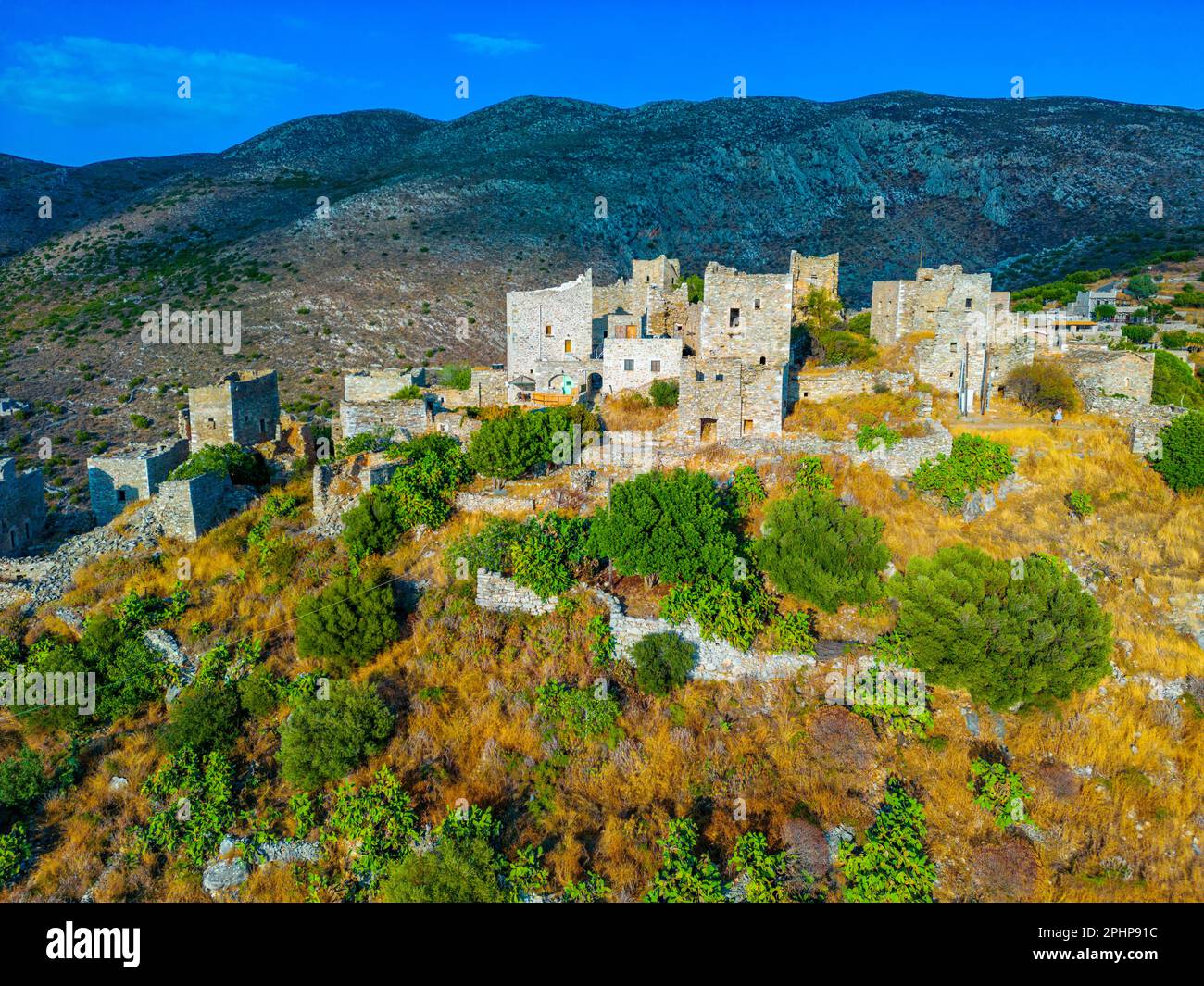 Panorama view of Vathia village at Peloponnese peninsula in Greece ...