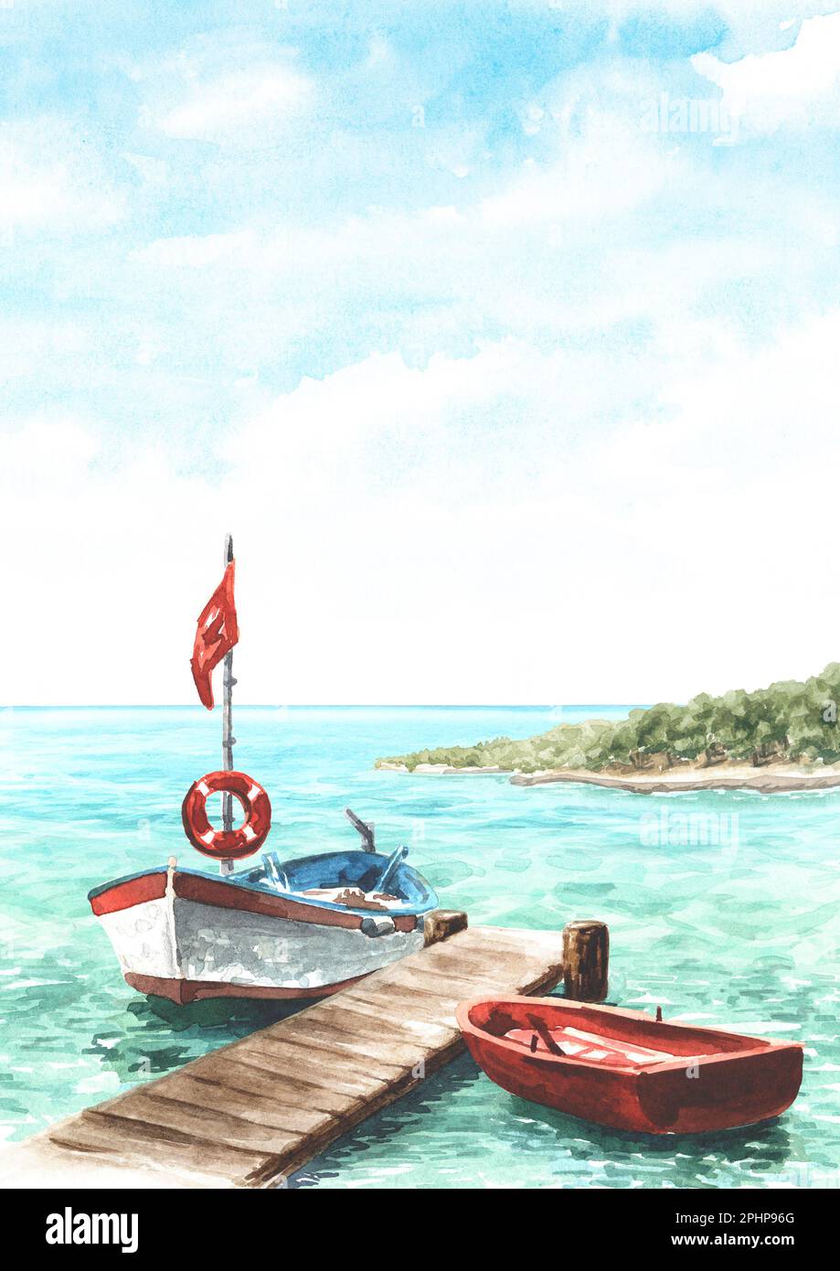 Rowing boats near the pier. Hand drawn watercolor illustration Stock ...