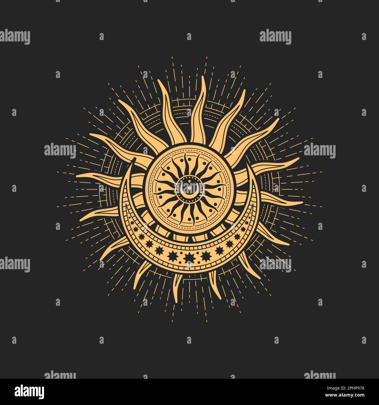 Esoteric occult pentagram, magic tarot sign with sun, crescent and star ...