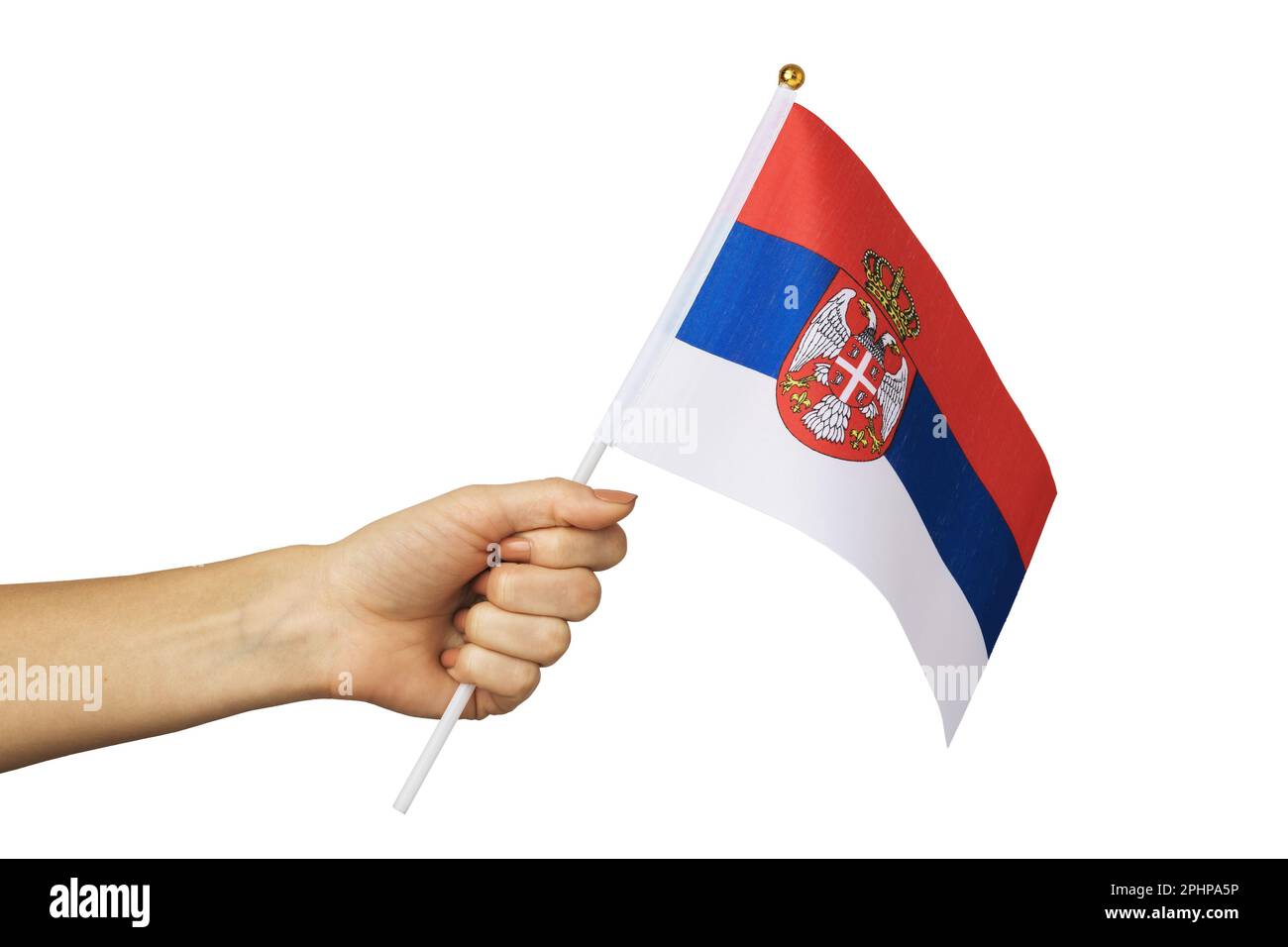 Female hand holding Serbia flag isolated on white background, template ...