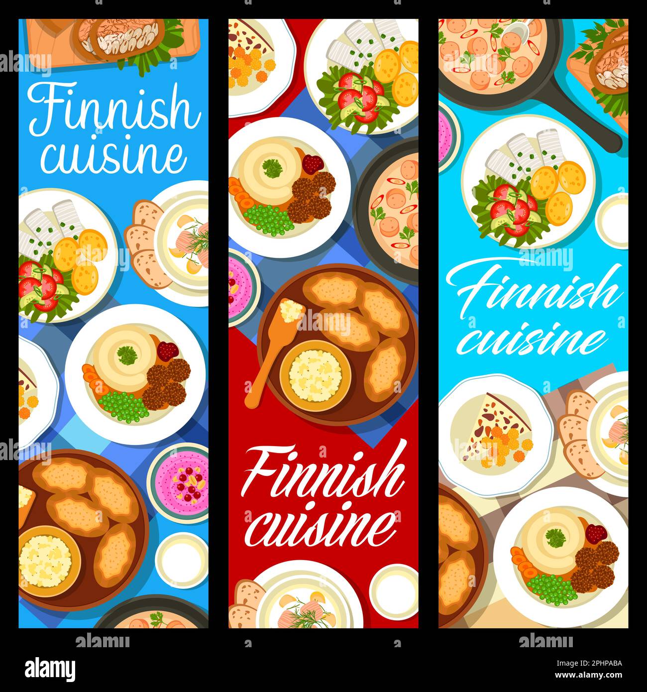 Finnish food restaurant food banners. Sausages in sauce Nakkikastike ...