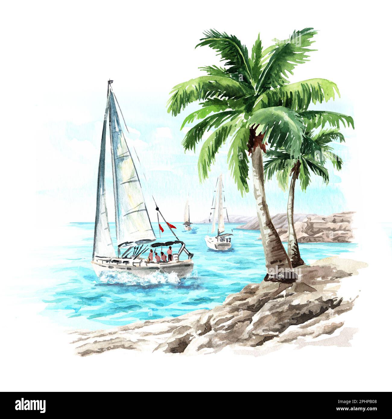 Sailboat, sailing yacht on the waves near the tropical beach. Hand ...