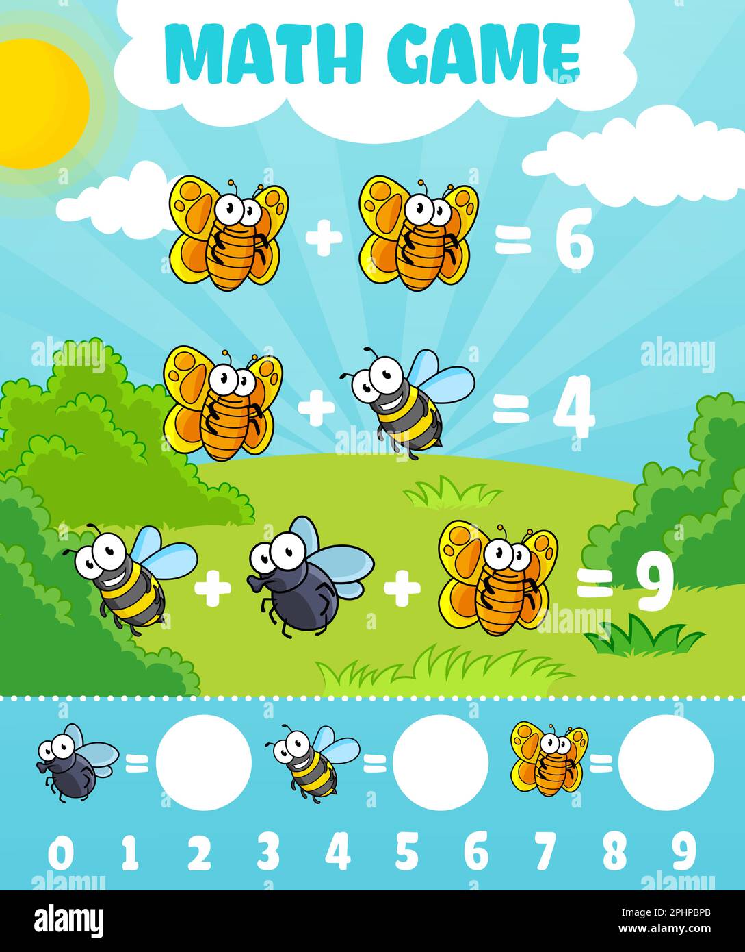 Cartoon funny insect characters in math game worksheet, vector kids ...