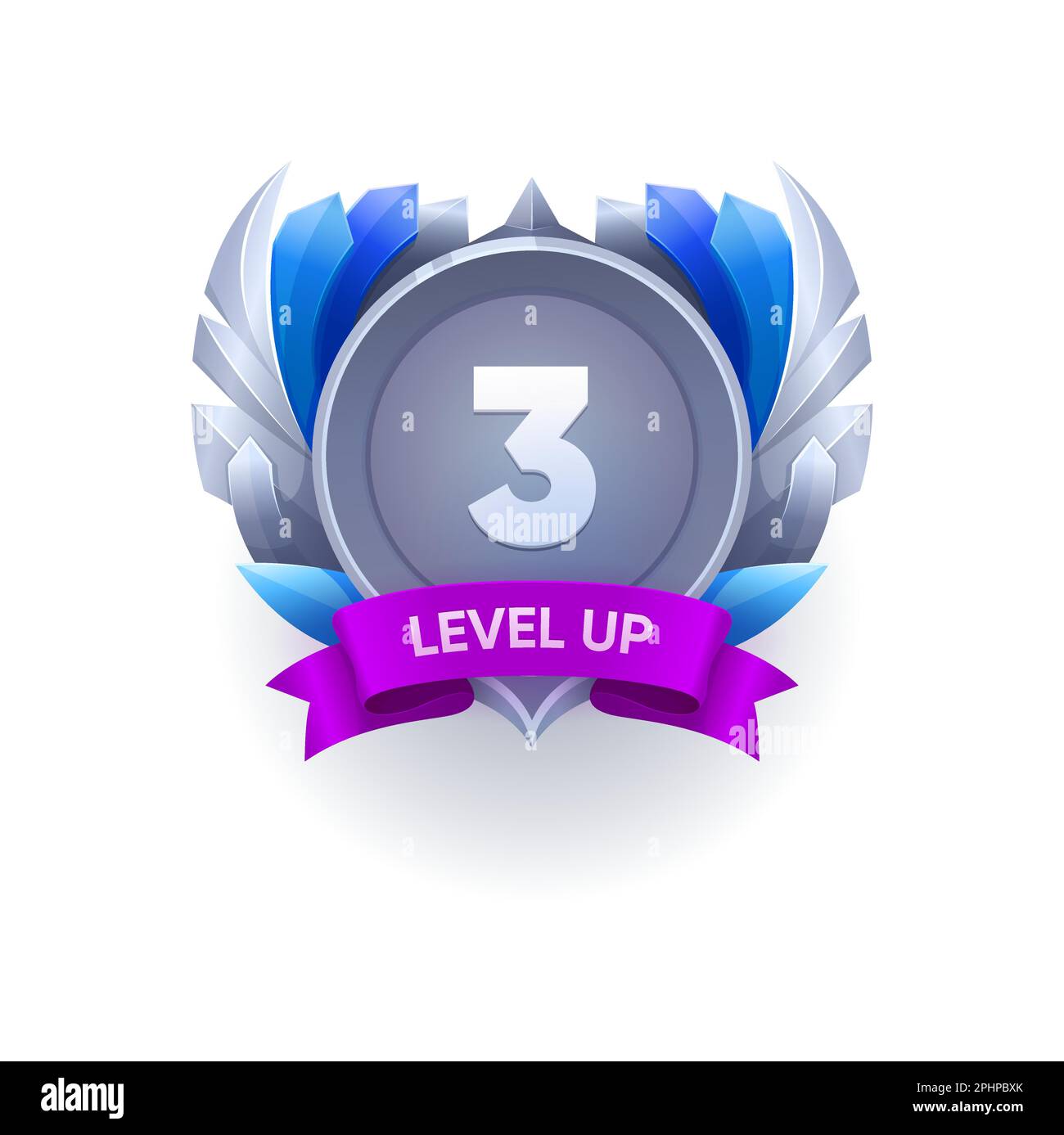 Game level up and win metal badge, ui icon. Vector bonus or growth ...