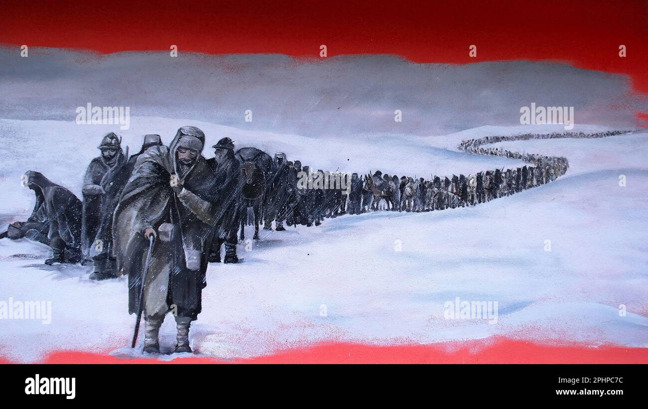 Gallio, Asiago Plateau. Mural painting in memory of the Alpini Russian ...