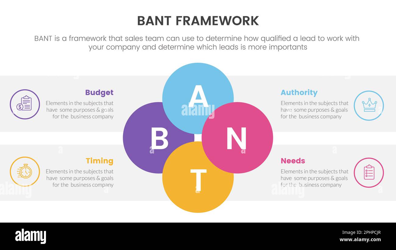 bant sales framework methodology infographic with circle joined shape information concept for ...