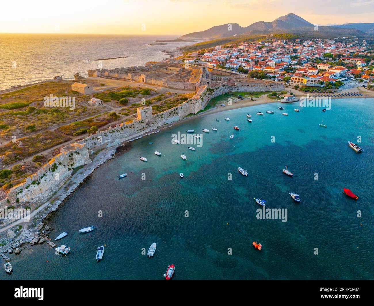 Sunset panorama of Methoni castle in Greece Stock Photo - Alamy