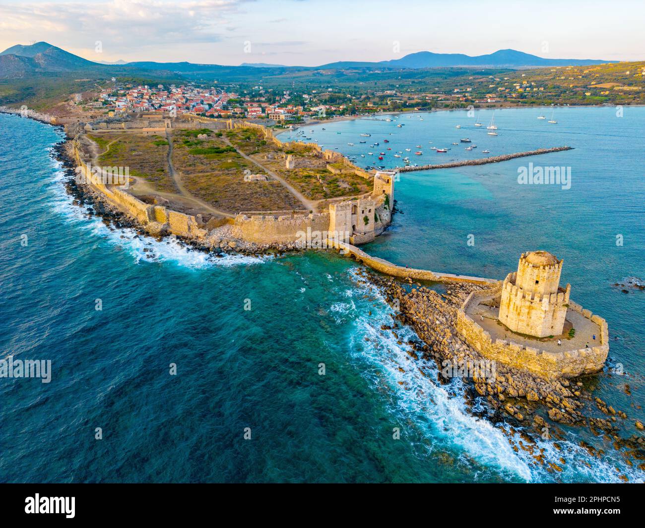 Sunset panorama of Methoni castle in Greece Stock Photo - Alamy