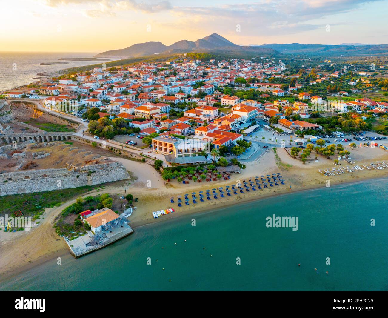 Sunset panorama of Methoni town in Greece Stock Photo - Alamy