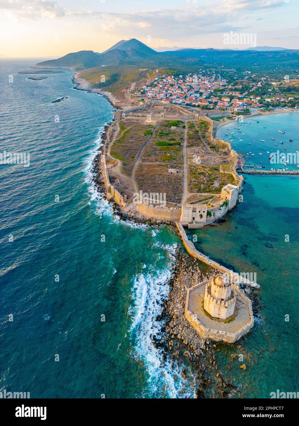 Sunset panorama of Methoni castle in Greece Stock Photo - Alamy