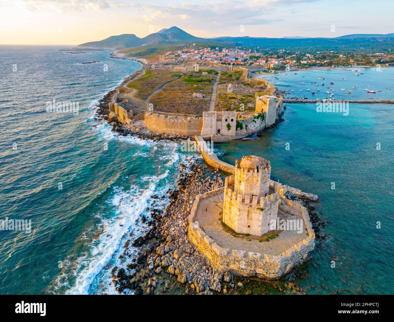 Sunset panorama of Methoni castle in Greece Stock Photo - Alamy