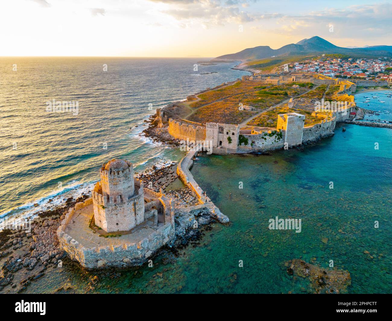 Sunset panorama of Methoni castle in Greece Stock Photo - Alamy