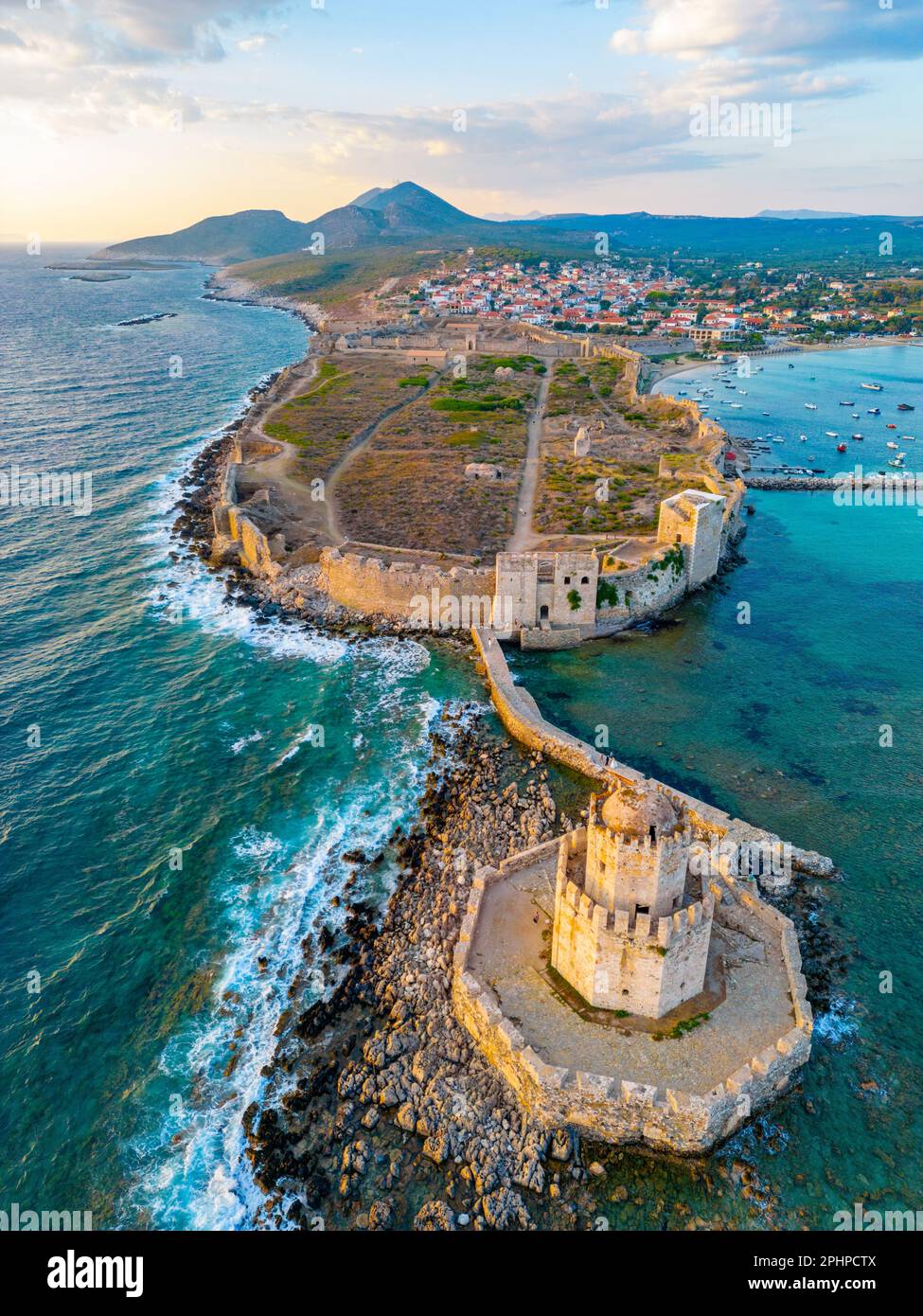 Sunset panorama of Methoni castle in Greece Stock Photo - Alamy