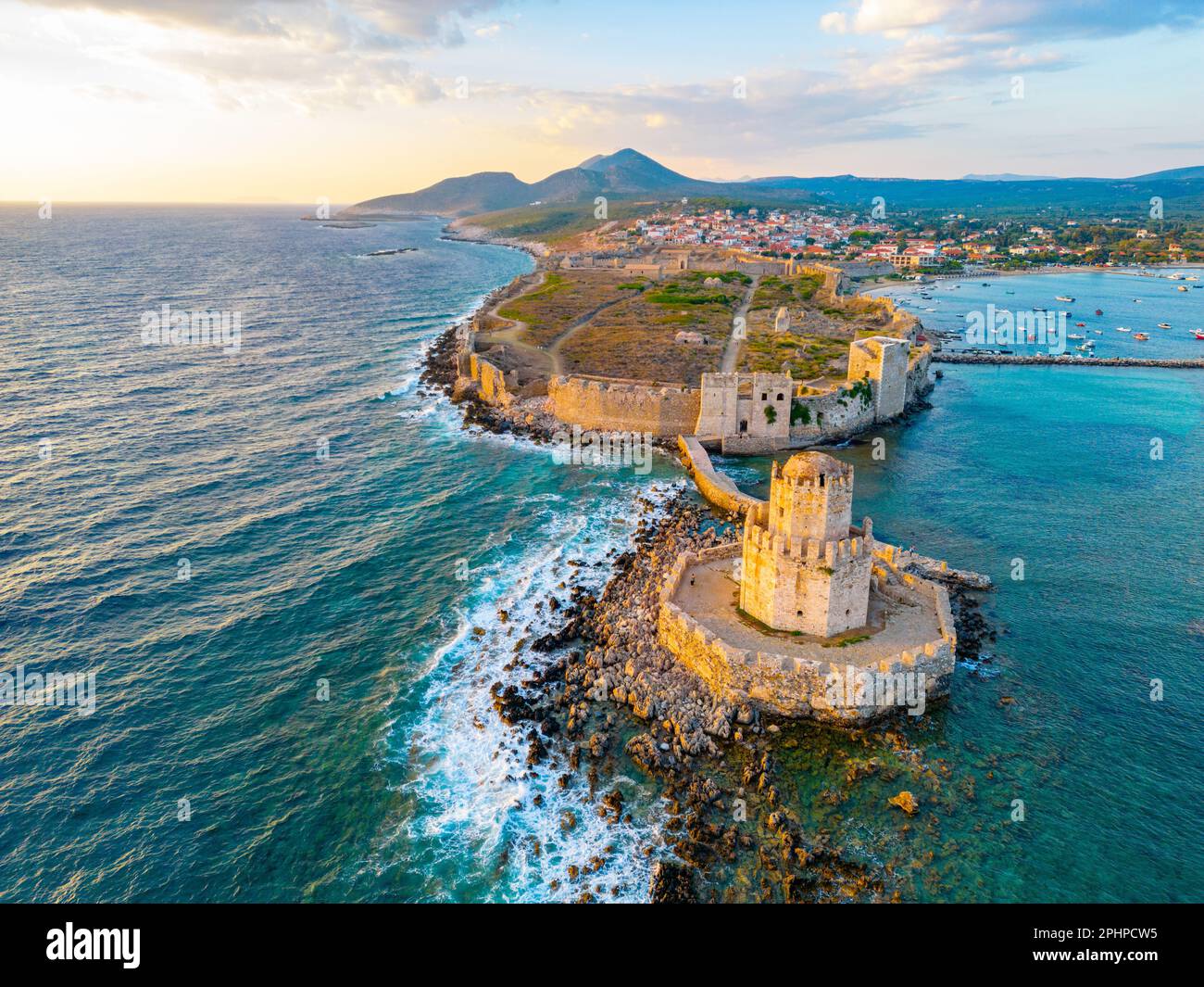 Sunset panorama of Methoni castle in Greece Stock Photo - Alamy