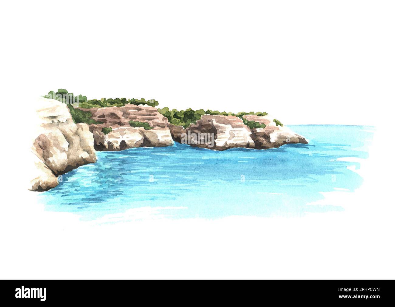 Sea cliff, Coastal rocks. Hand drawn watercolor illustration isolated ...