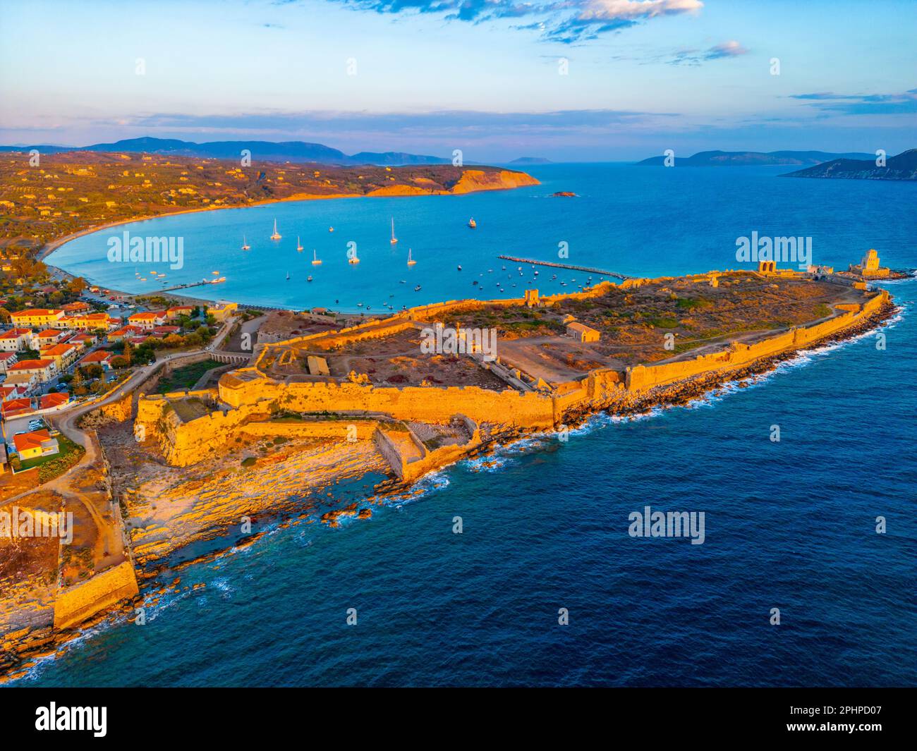 Sunset panorama of Methoni castle in Greece Stock Photo - Alamy