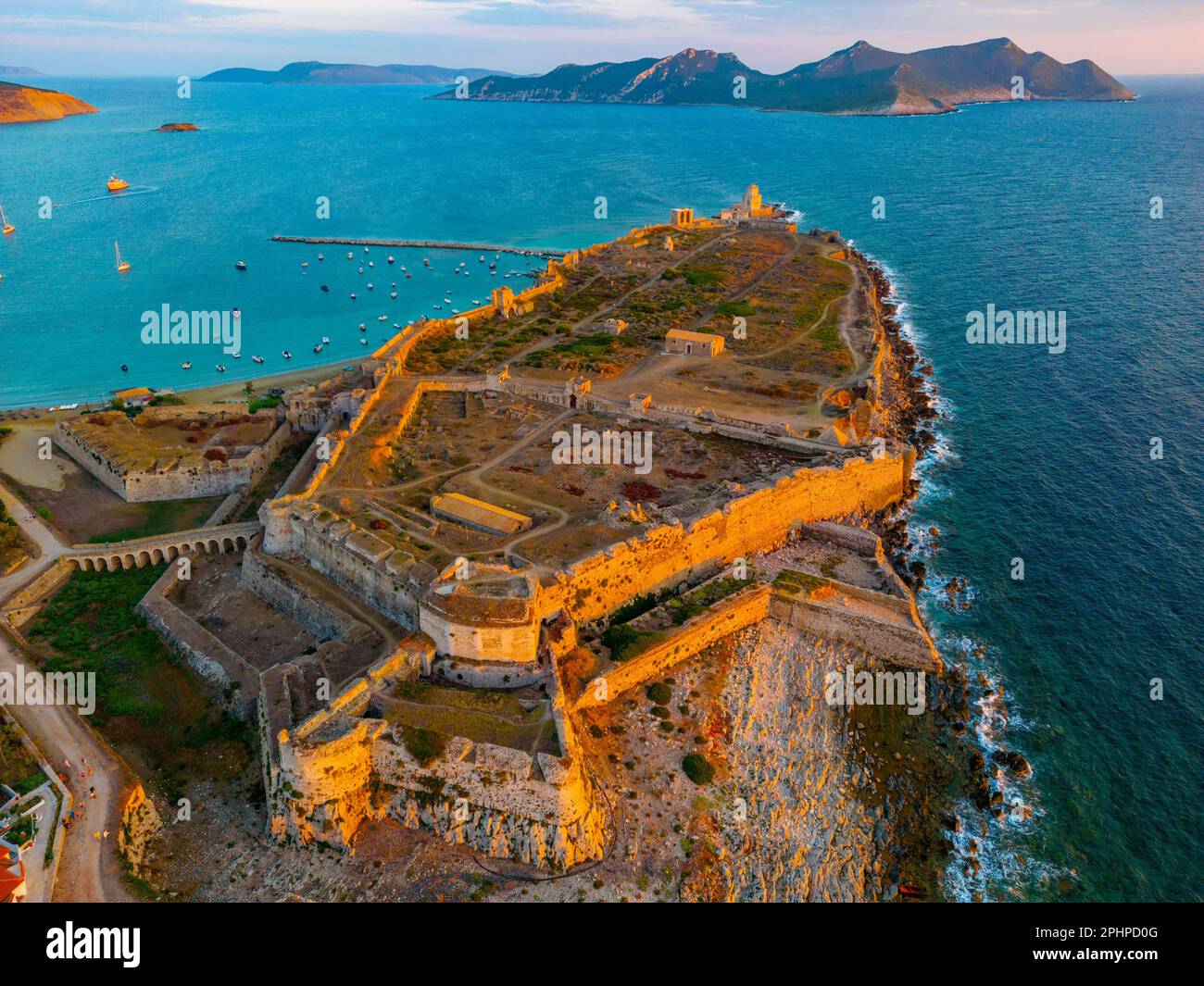 Sunset panorama of Methoni castle in Greece Stock Photo - Alamy