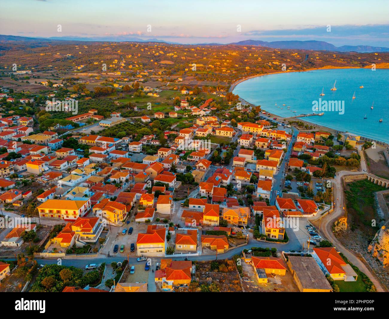 Sunset panorama of Methoni town in Greece Stock Photo - Alamy