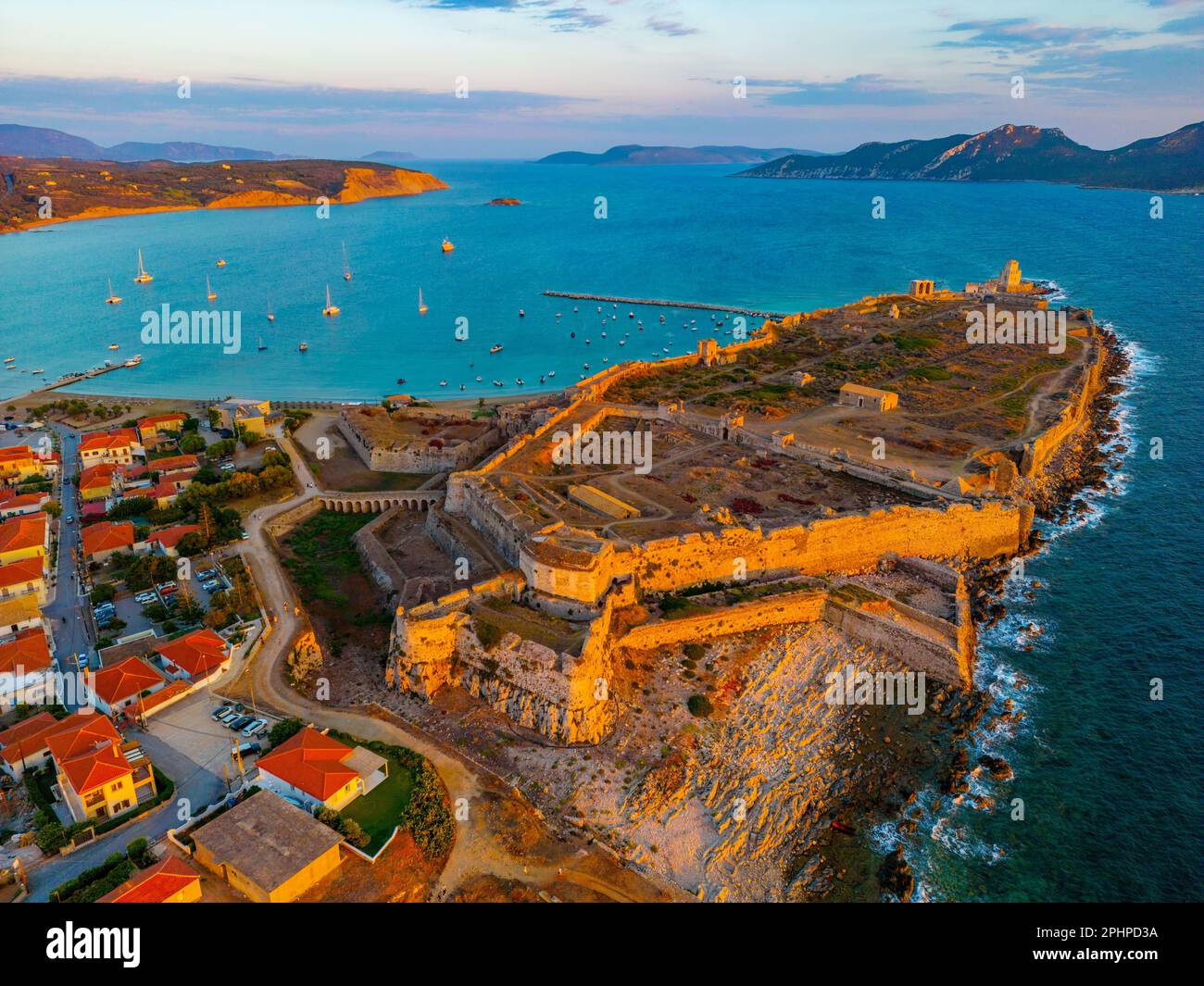 Sunset panorama of Methoni castle in Greece Stock Photo - Alamy