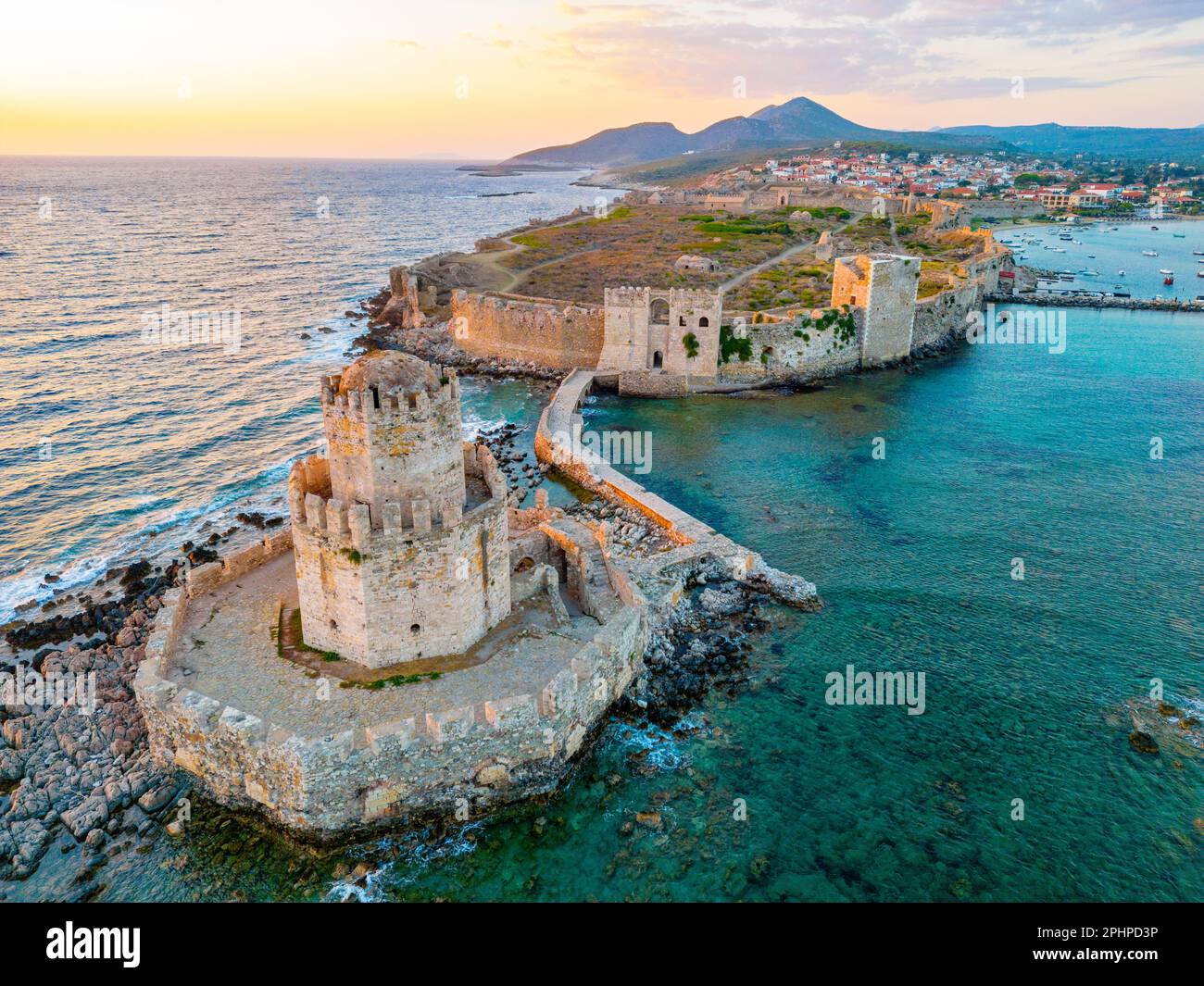 Sunset panorama of Methoni castle in Greece Stock Photo - Alamy