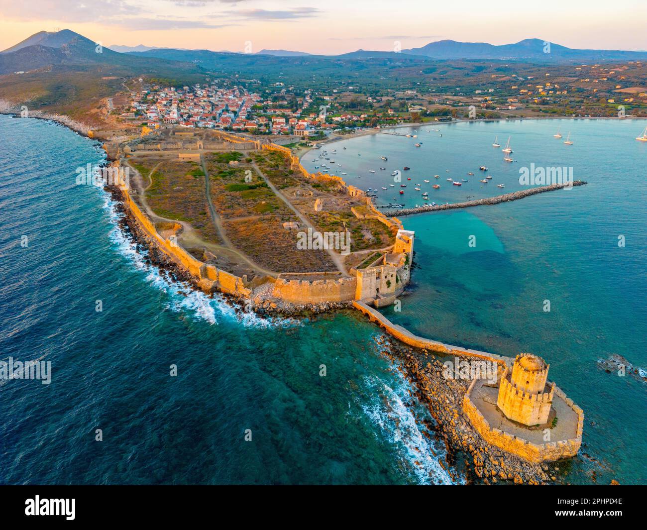Sunset panorama of Methoni castle in Greece Stock Photo - Alamy