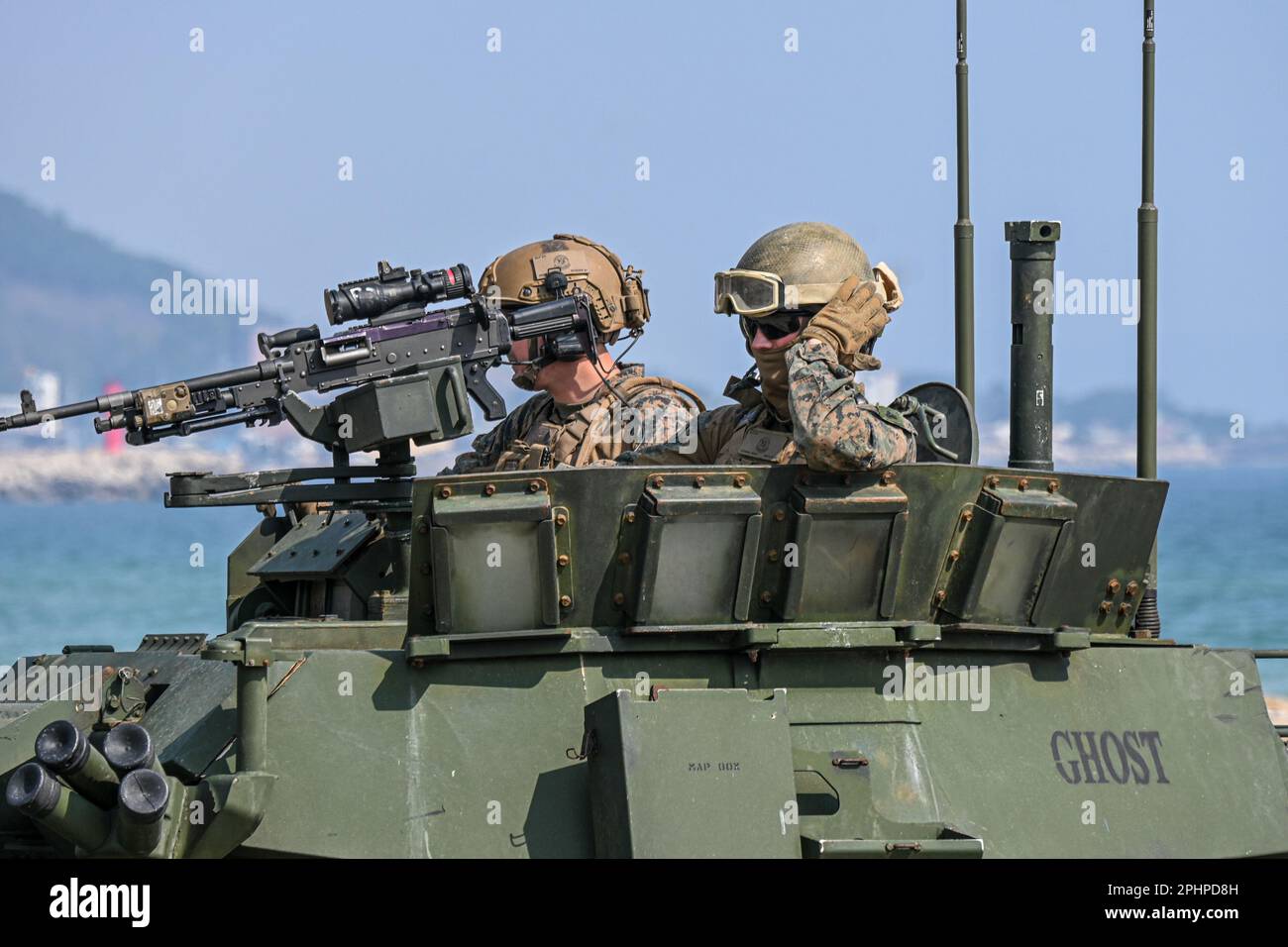 Pohang, South Korea. 29th Mar, 2023. U.S. Marines sit in the turret of ...